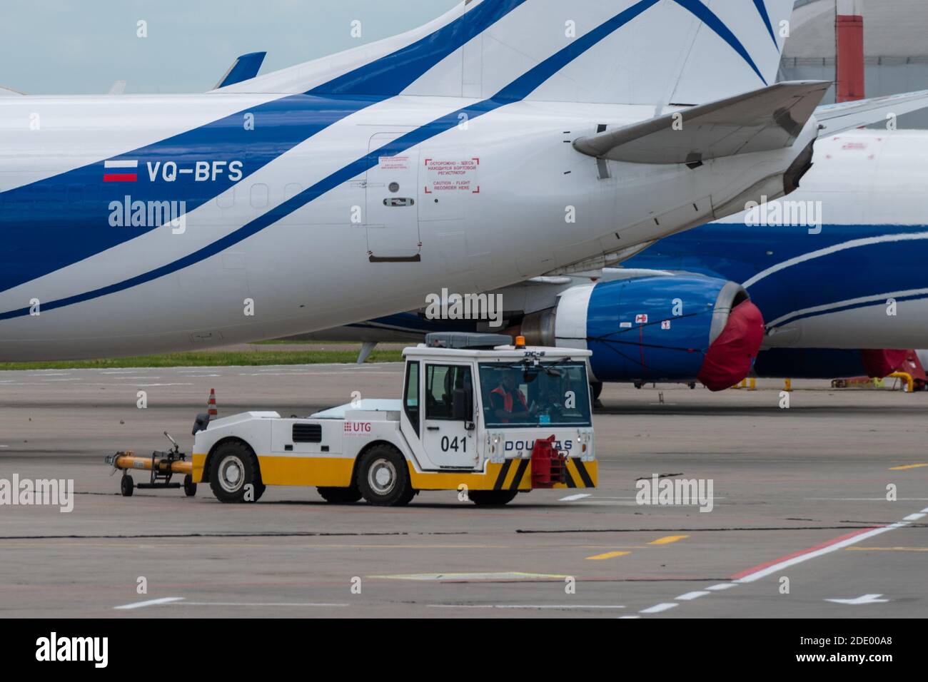 July 2, 2019 Moscow, Russia. airplane tractor at Vnukovo airport Stock ...