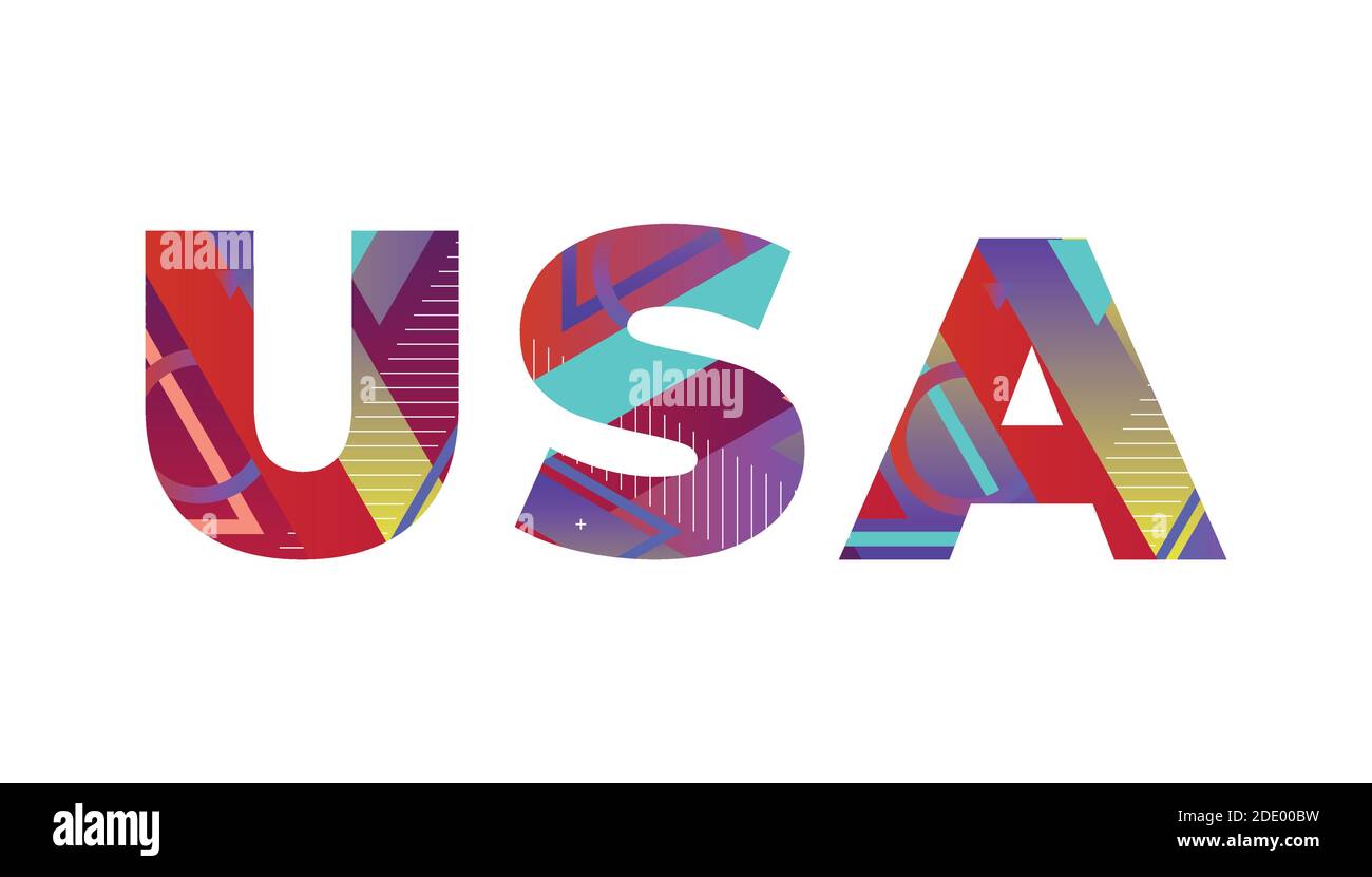 The word USA concept written in colorful retro shapes and colors ...