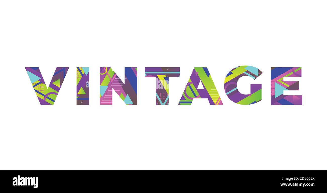 The word VINTAGE concept written in colorful retro shapes and colors ...
