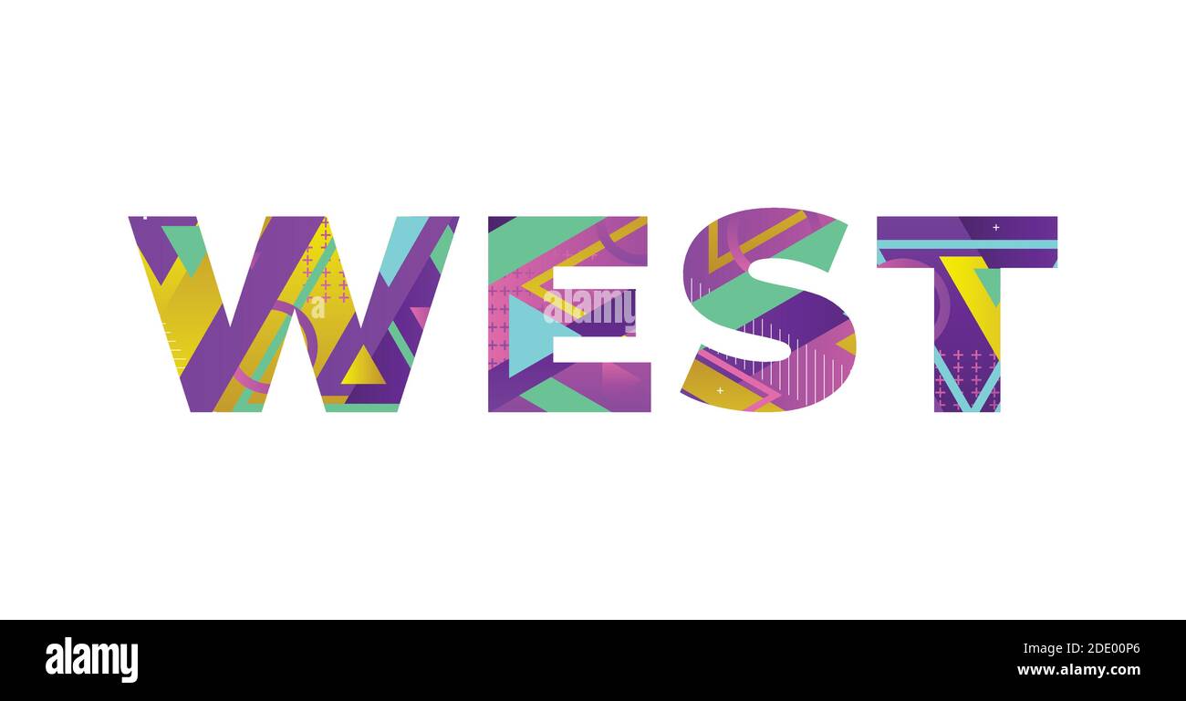 The word WEST concept written in colorful retro shapes and colors ...