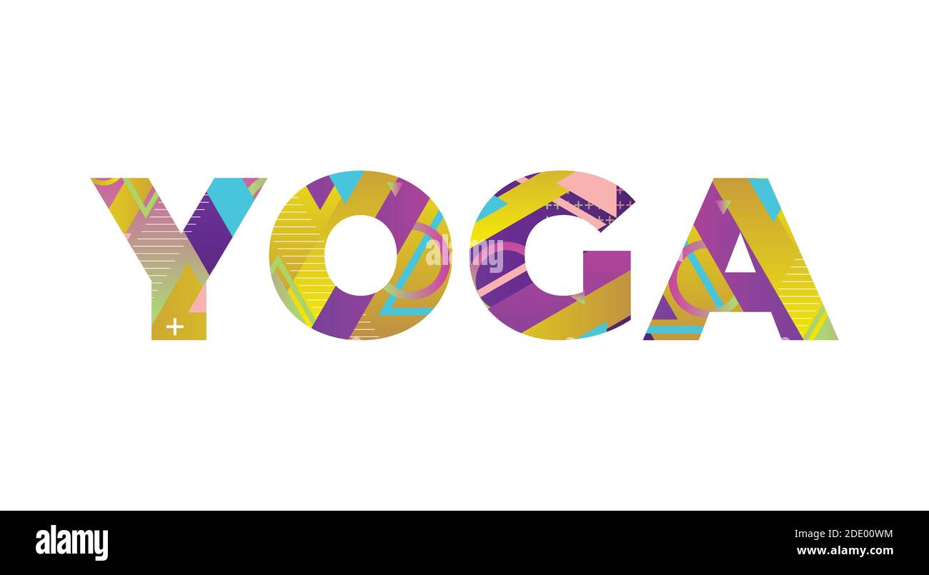 The word YOGA concept written in colorful retro shapes and colors ...