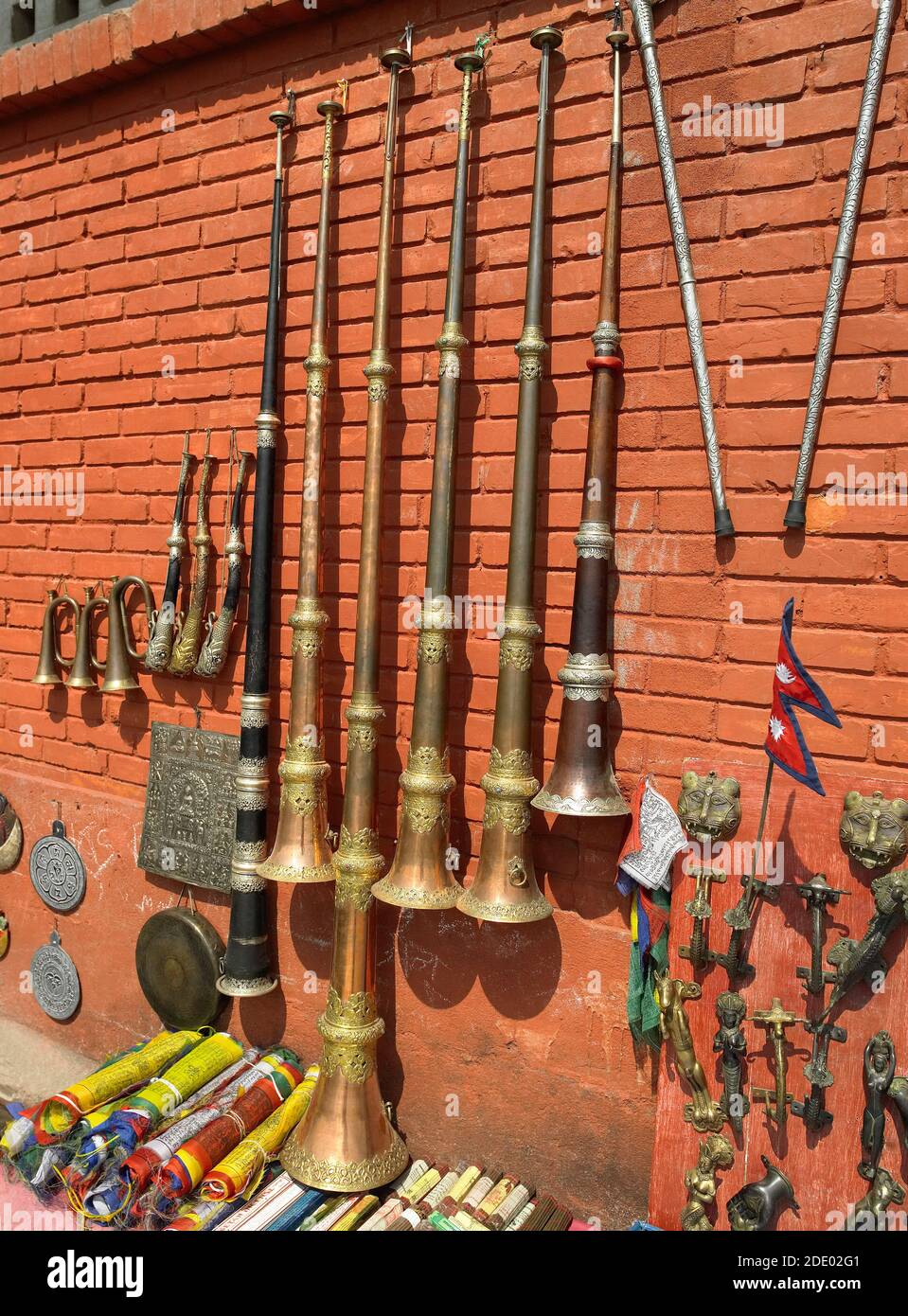 Tibetan temple horns for sale on a market in Kathmandu, Nepal Stock ...