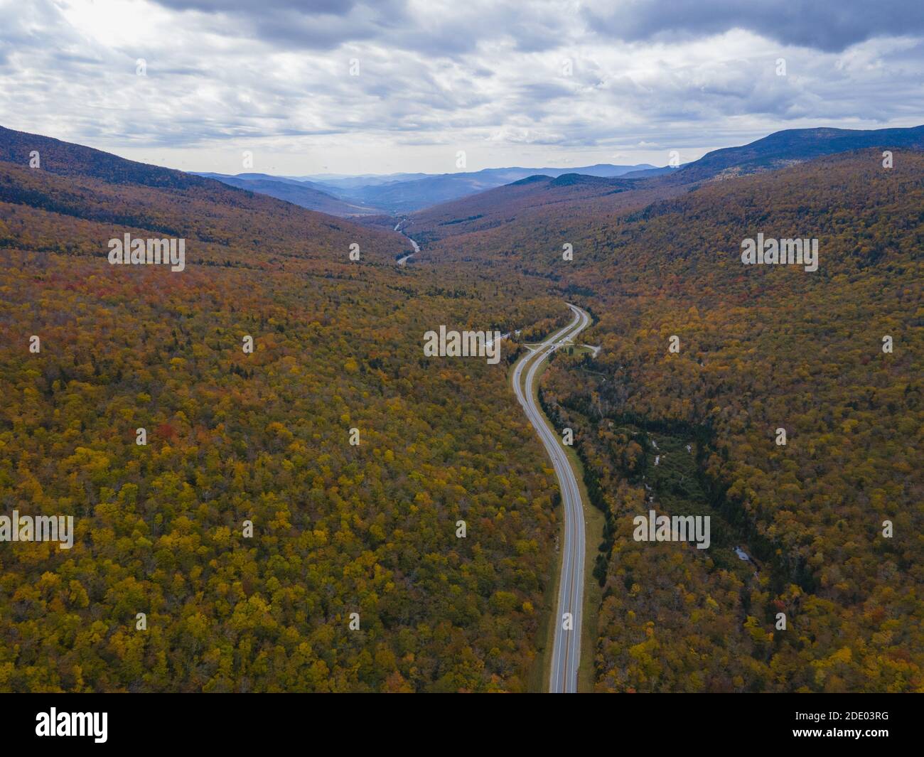 Franconia Notch with fall foliage aerial view including Profile Lake ...