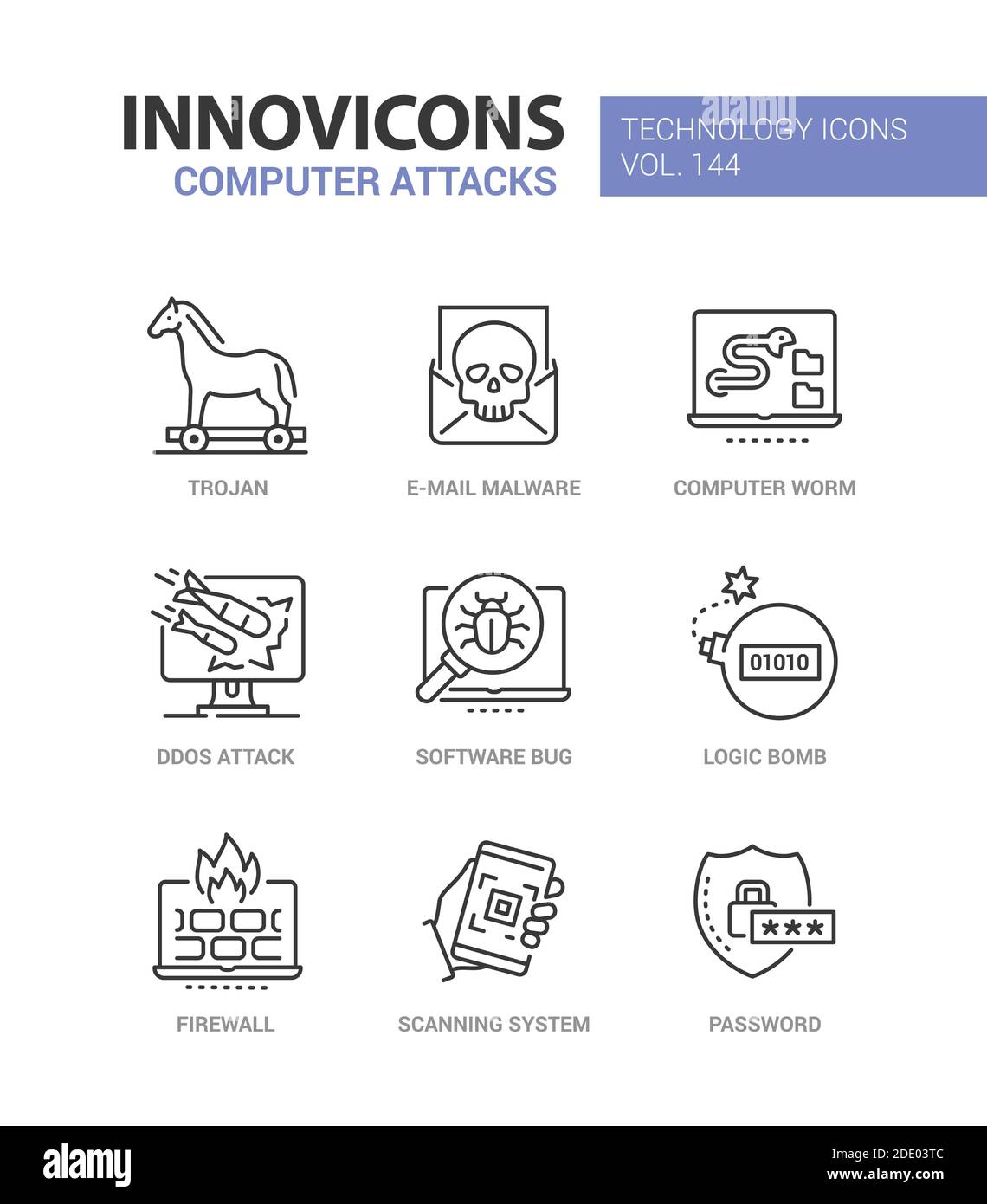Computer attacks - colorful line design style icons. Data protection ...