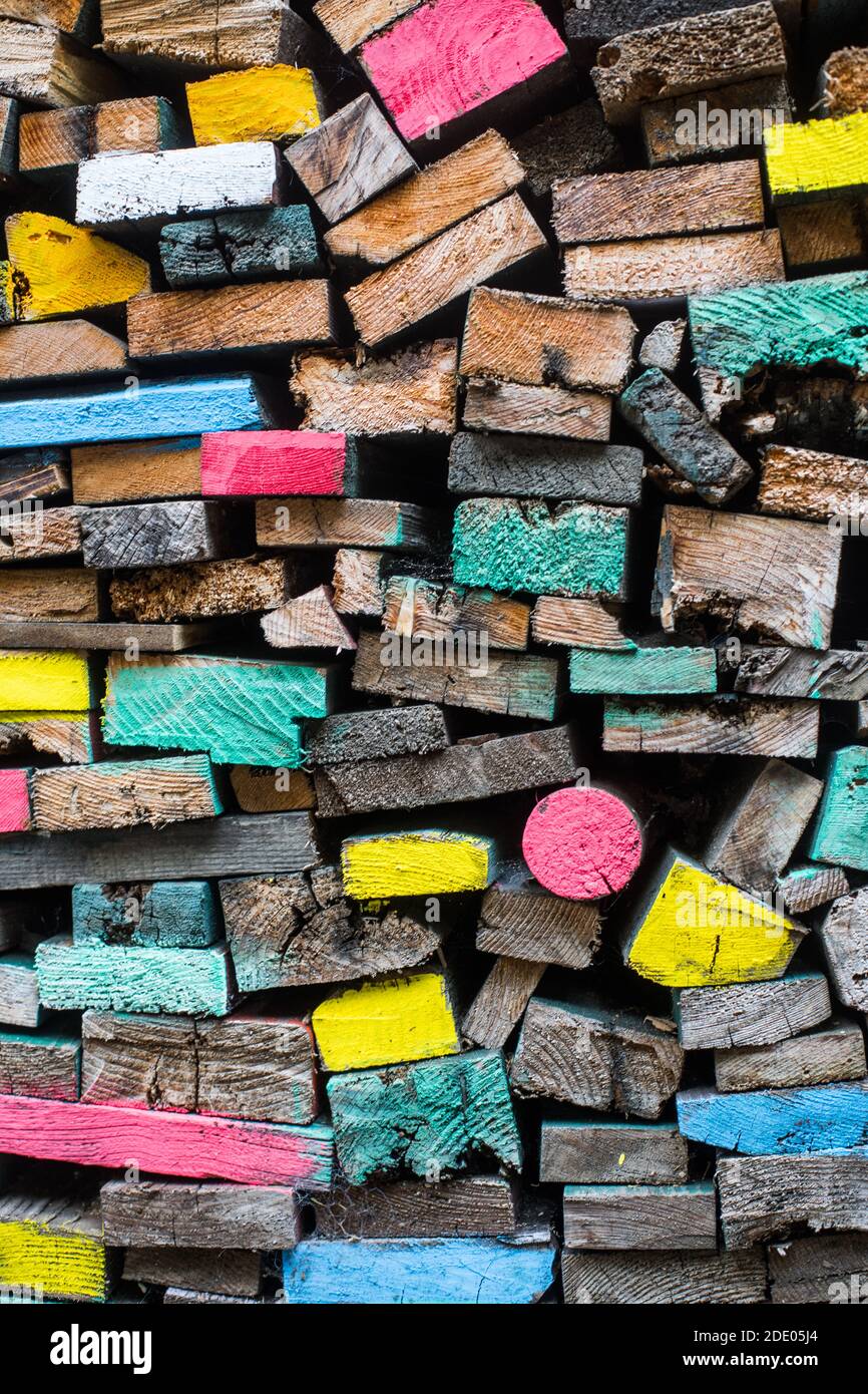 Close up shot of some wood planks painted in various colors, background ...