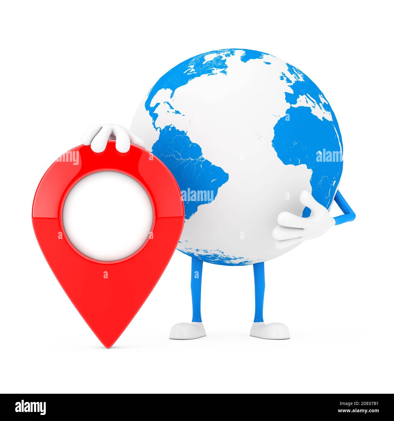 Earth Globe Character Mascot with Red Map Pointer Target Pin on a white ...