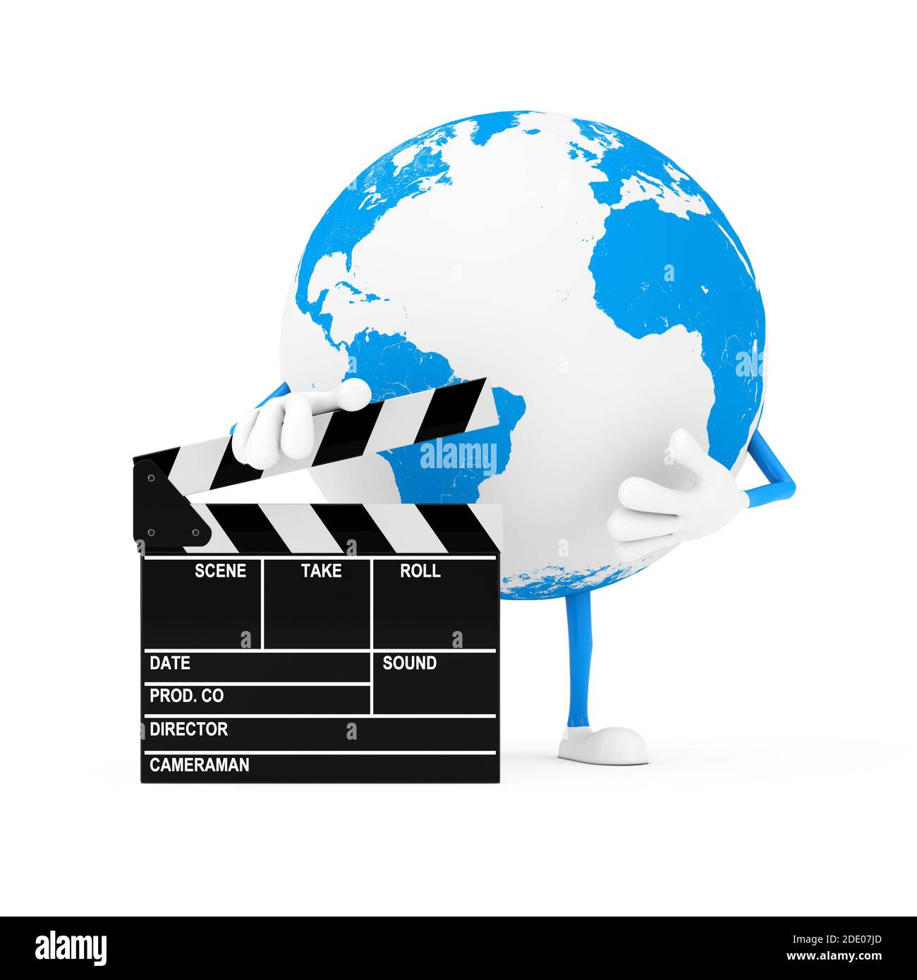 Earth Globe Character Mascot with Movie Clapper Board on a white ...