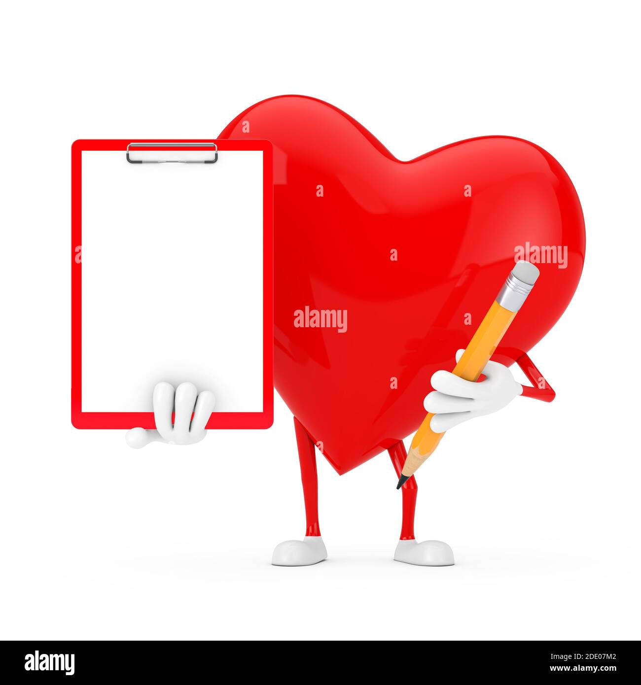 Red Heart Character Mascot with Red Plastic Clipboard, Paper and Pencil ...