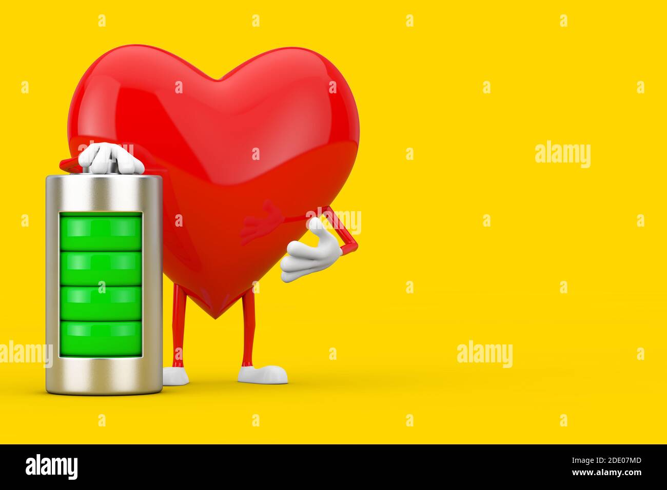 Red Heart Character Mascot with Abstract Charging Battery on a yellow ...