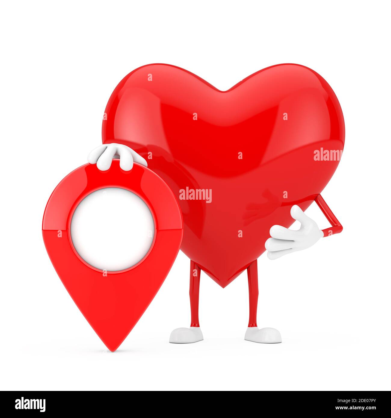 Red Heart Character Mascot with Red Map Pointer Targe Pin on a white ...