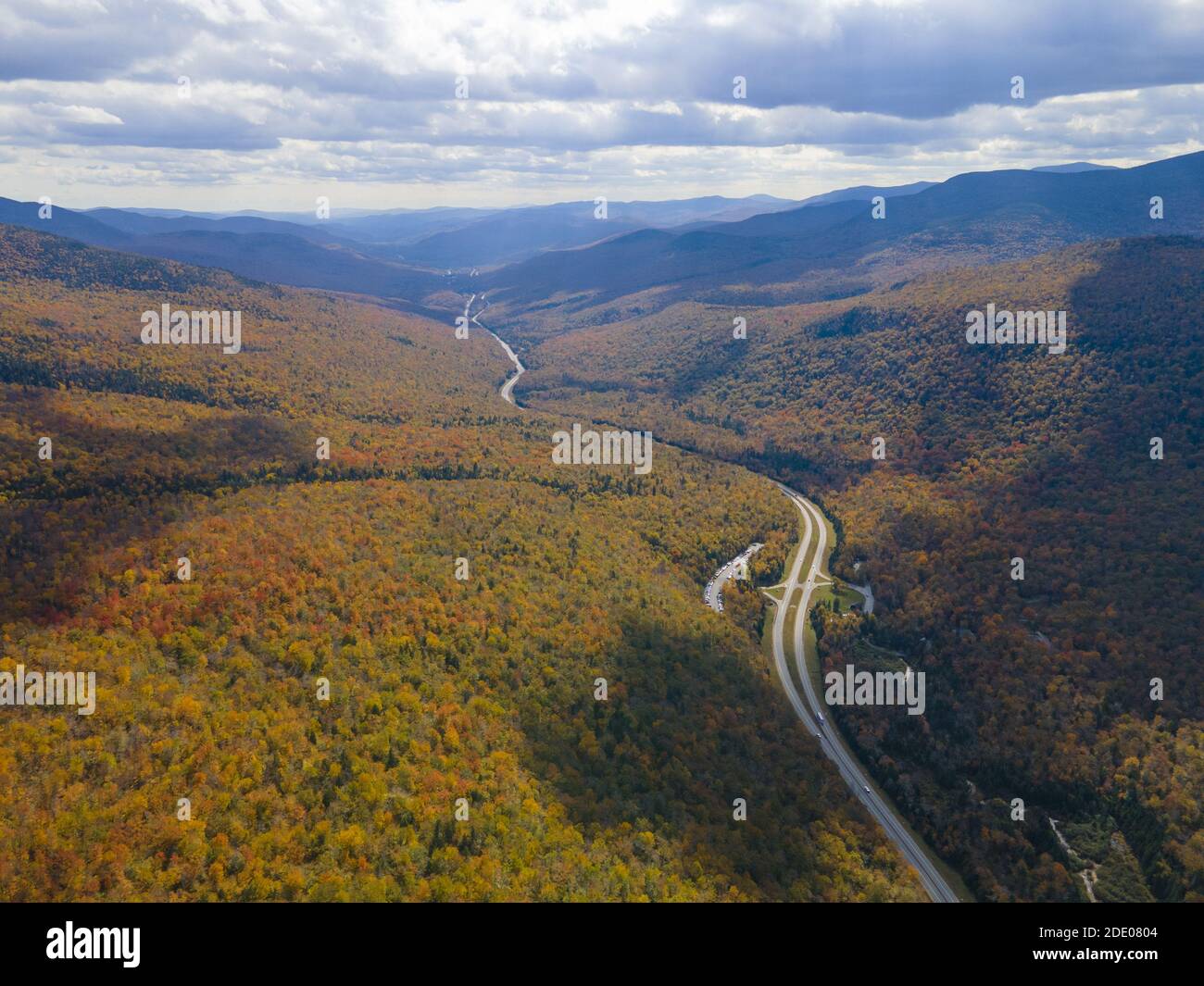 Franconia Notch with fall foliage aerial view including Profile Lake ...