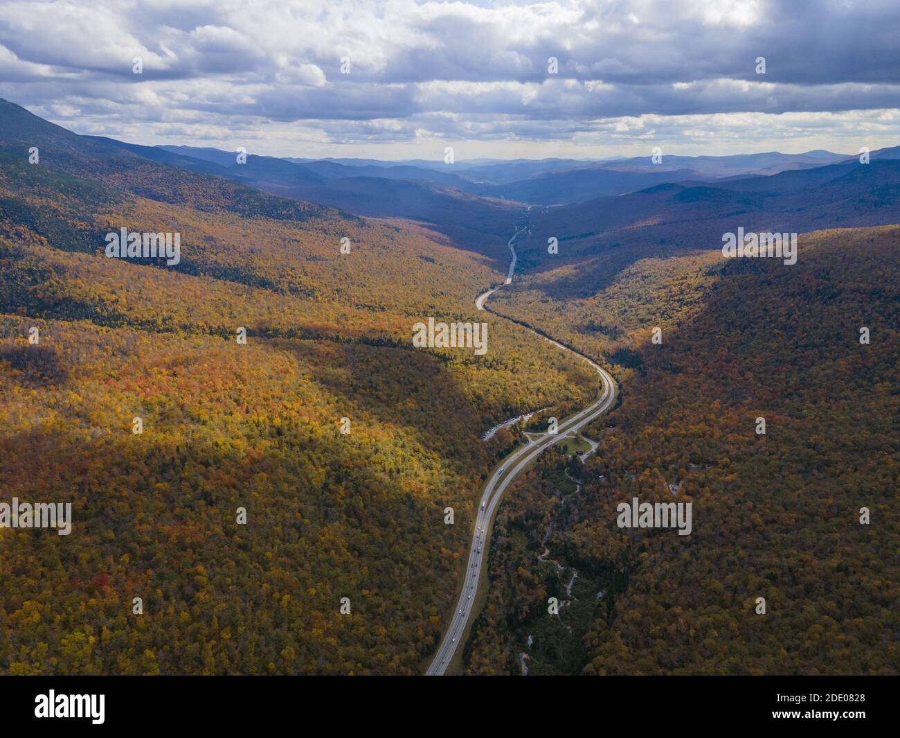 Franconia Notch with fall foliage aerial view including Profile Lake ...