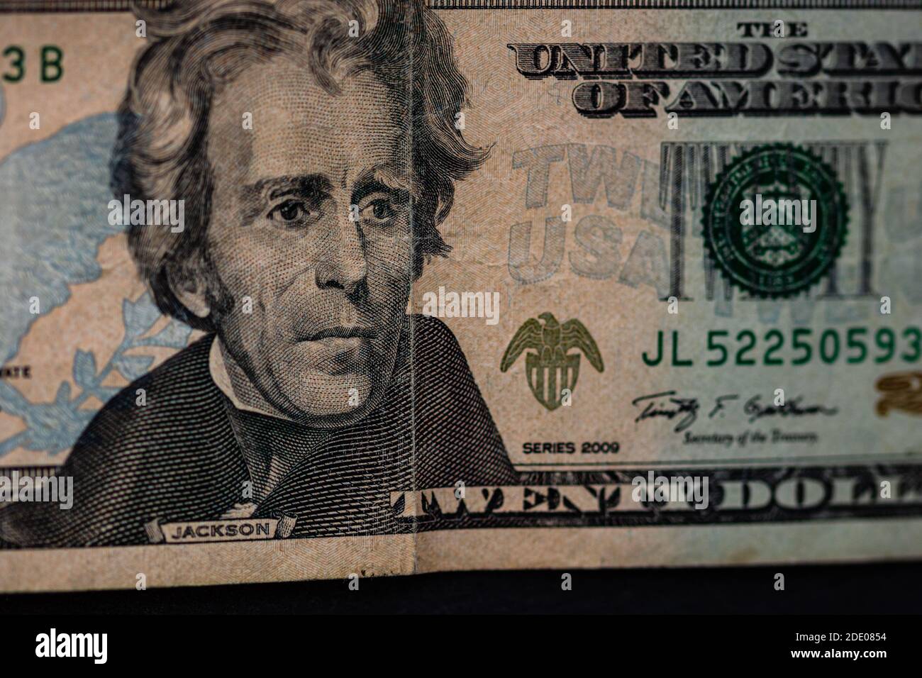 Selective focus on detail of 20 dollars banknote. Close up macro detail ...