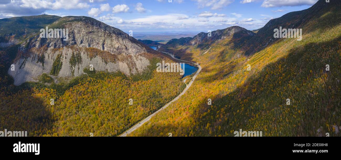 Franconia Notch with fall foliage aerial view including Profile Lake ...