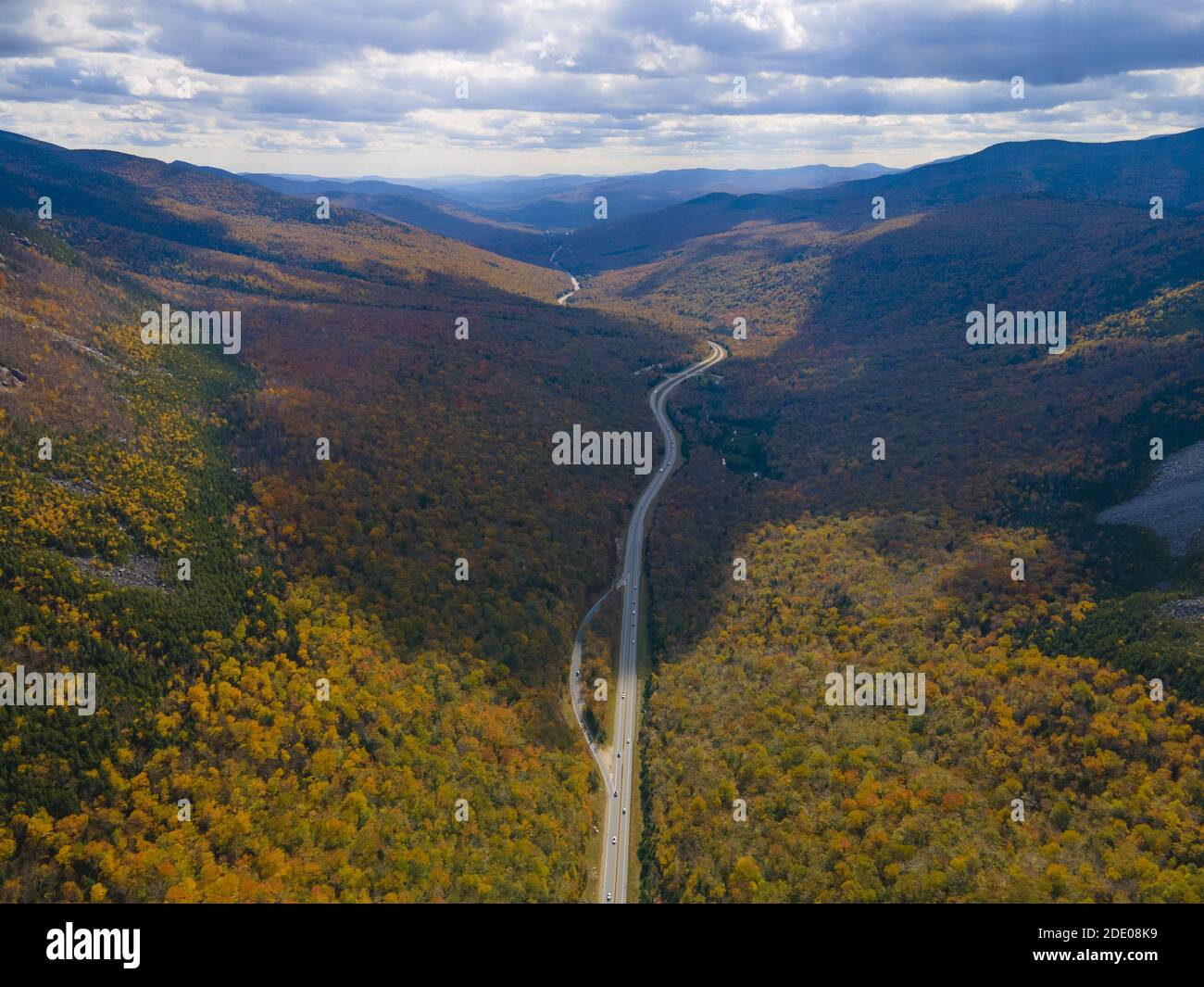 Franconia Notch with fall foliage aerial view including Profile Lake ...