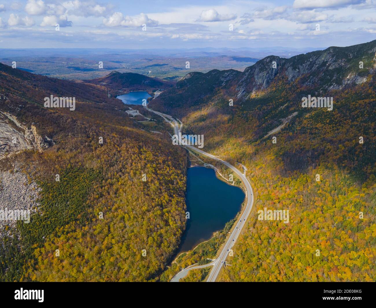 Franconia Notch with fall foliage aerial view including Profile Lake ...