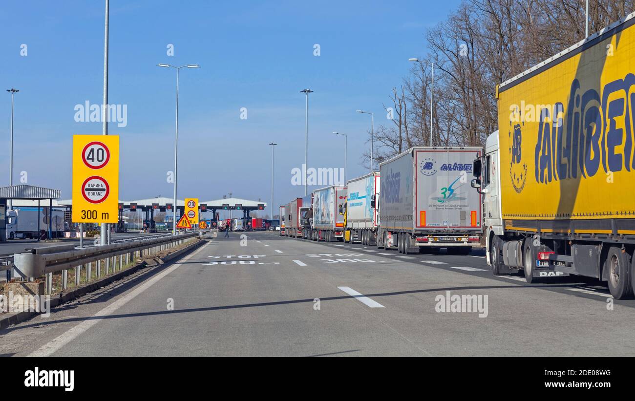 Batrovci, Serbia - February 28, 2017: Stucked Trucks at European Border ...