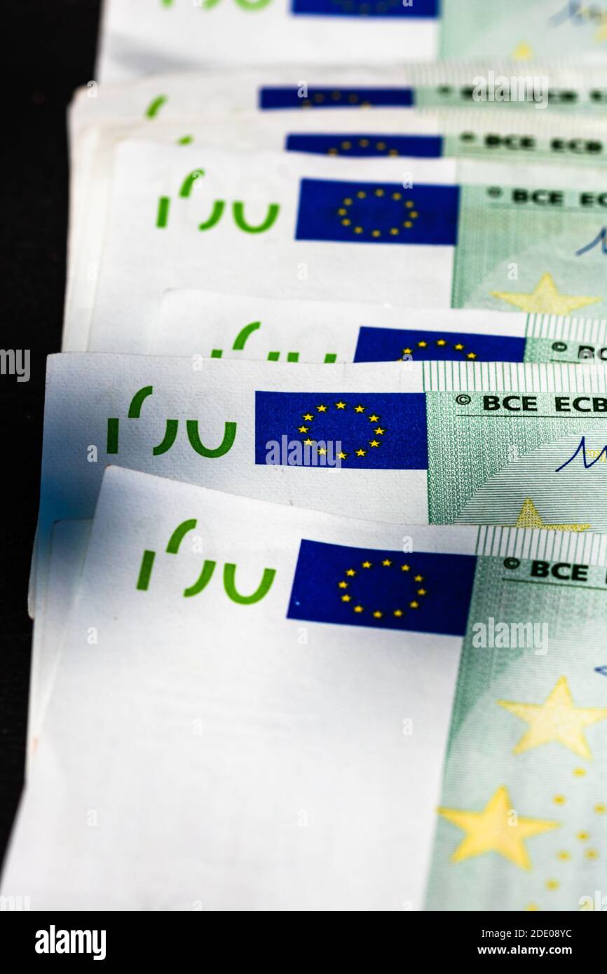 Selective focus on detail of euro banknotes. Close up macro detail of ...