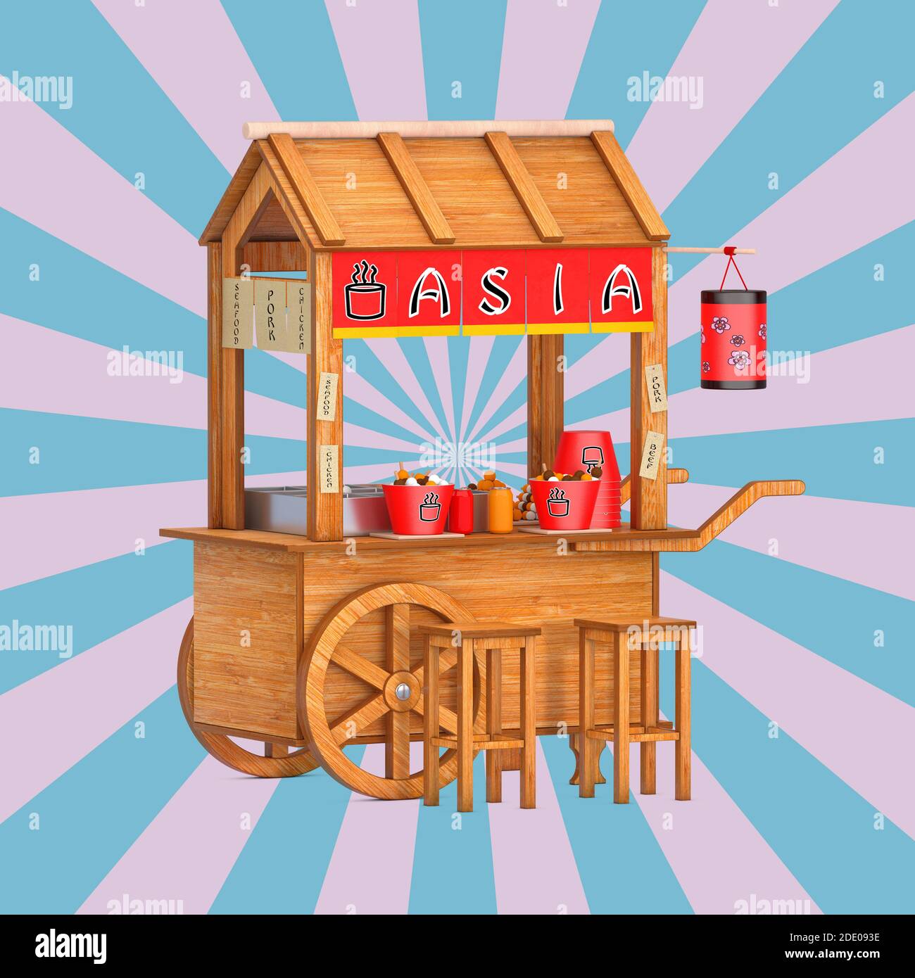Asian Wooden Street Food Meatball Noodle Cart with Chairs on a Vintage ...