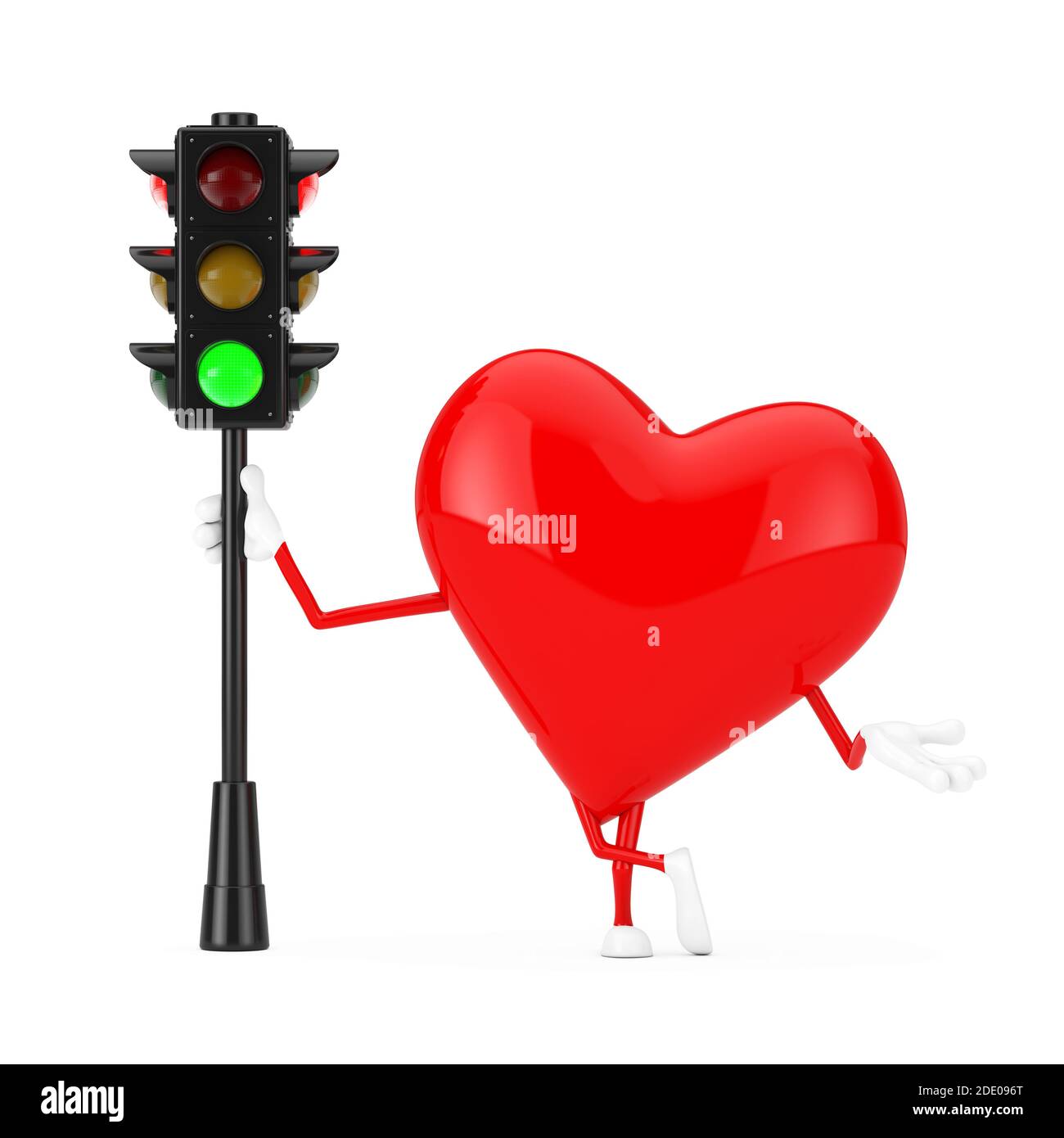 Red Heart Character Mascot with Traffic Green Light on a white ...