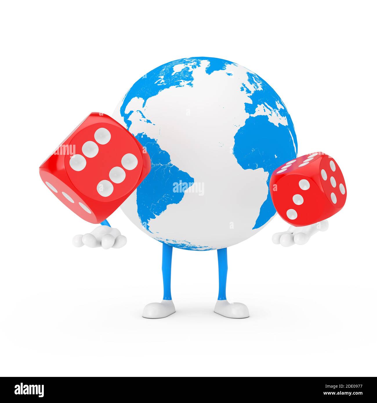 Earth Globe Character Mascot with Red Game Dice Cubes in Flight on a ...