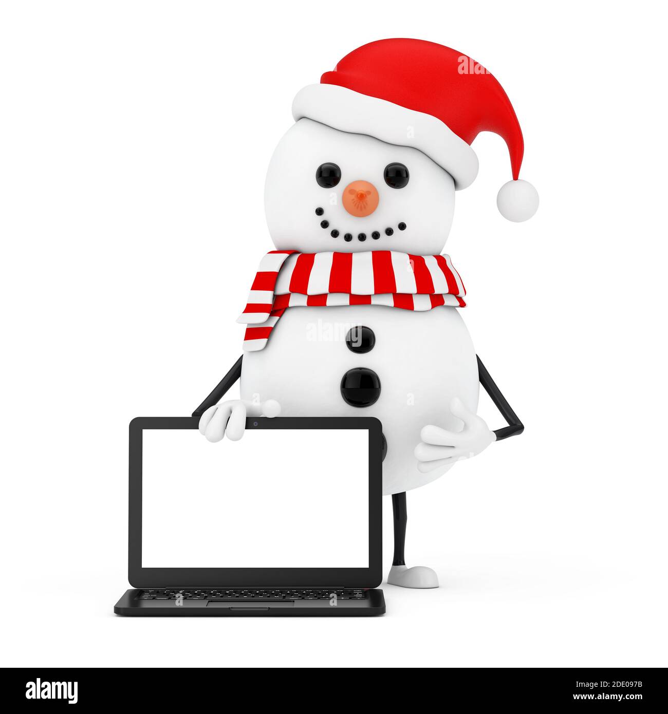Snowman in Santa Claus Hat Character Mascot and Modern Laptop Notebook ...
