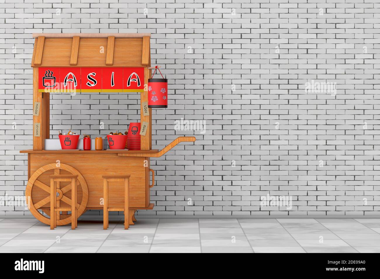 Asian Wooden Street Food Meatball Noodle Cart with Chairs in front of ...