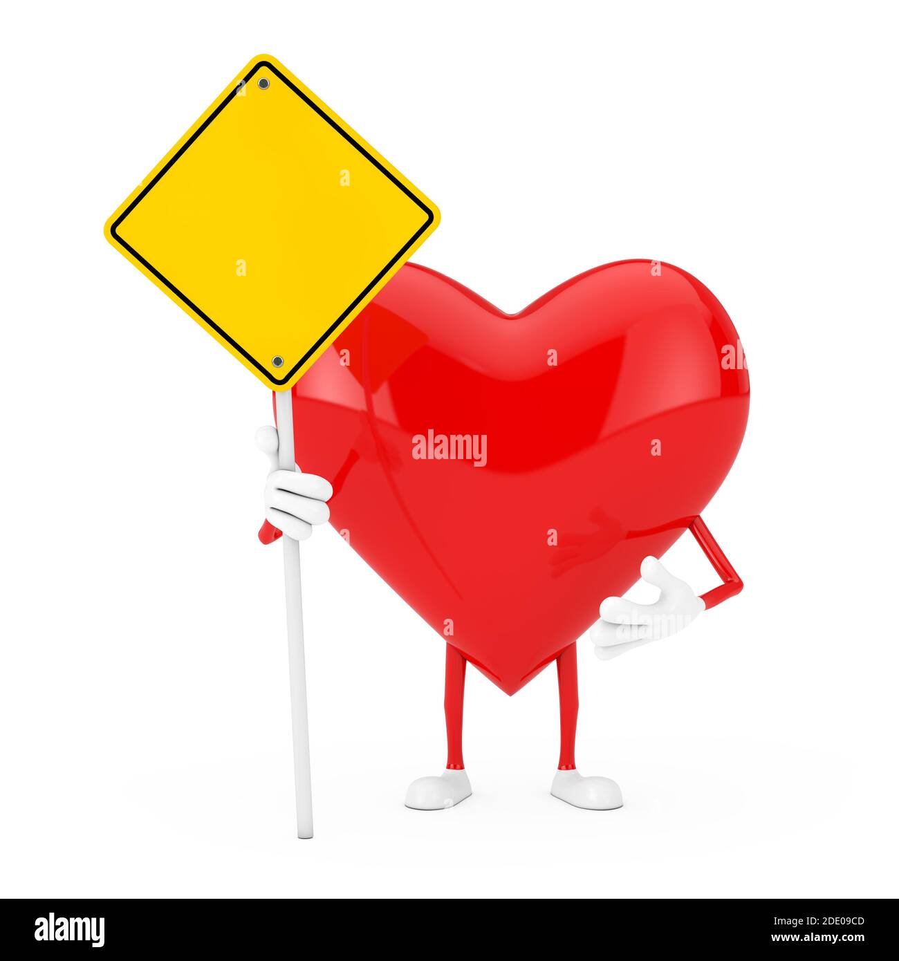 Red Heart Character Mascot and Yellow Road Sign with Free Space for ...