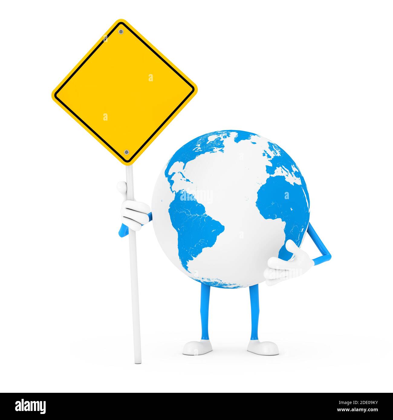 Earth Globe Character Mascot and Yellow Road Sign with Free Space for ...