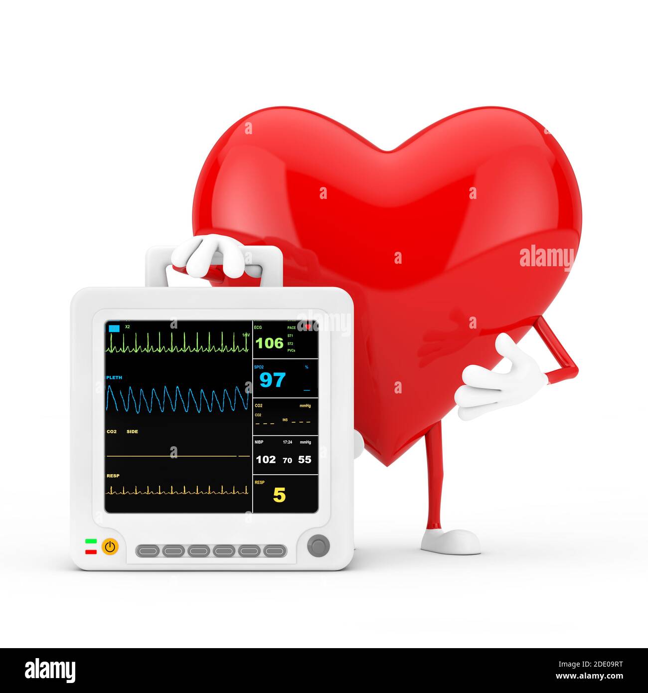 Red Heart Character Mascot with Health Care Portable Cardiac Monitoring ...