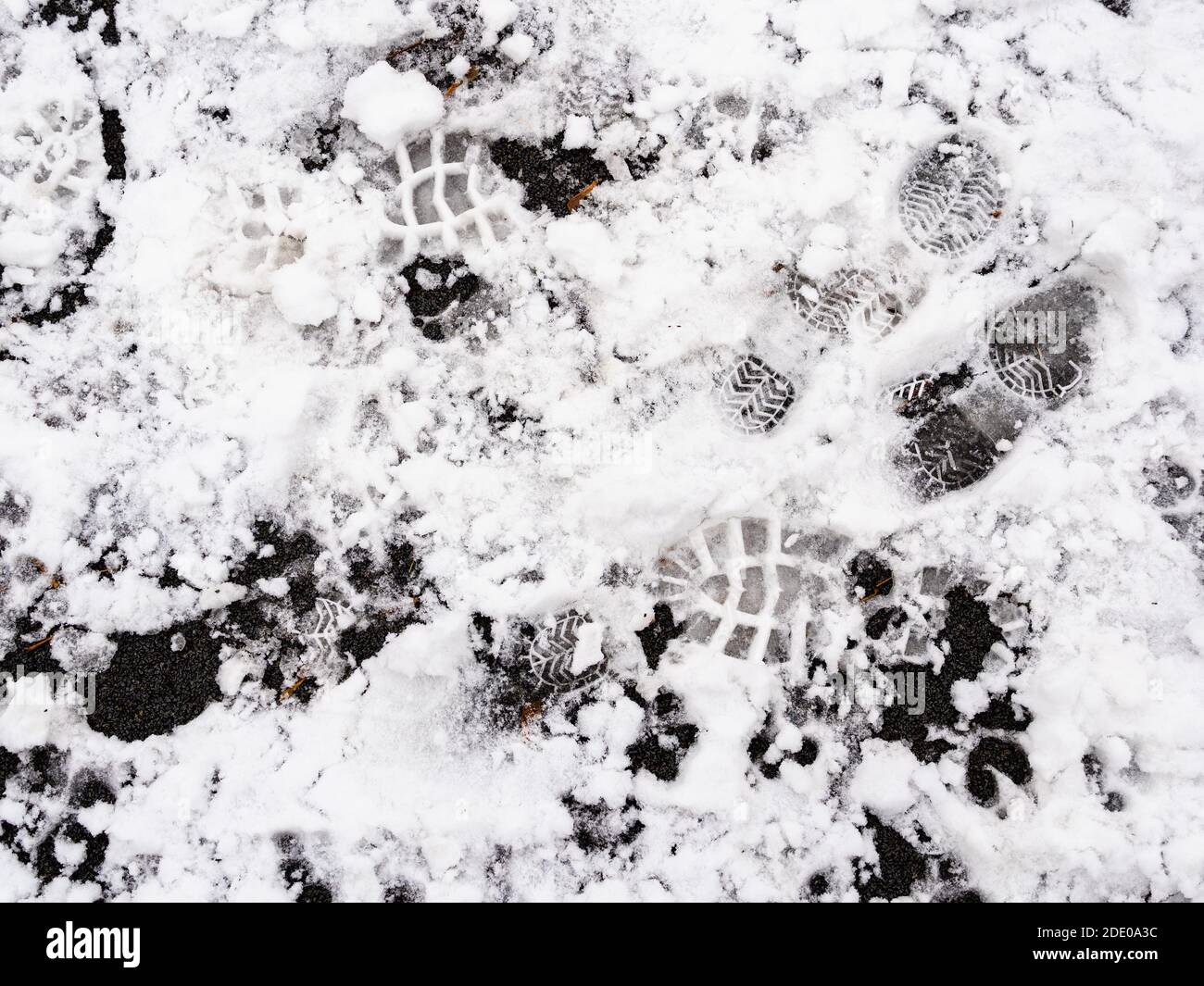top view of footprints in the first snow on surface of outdoor ...