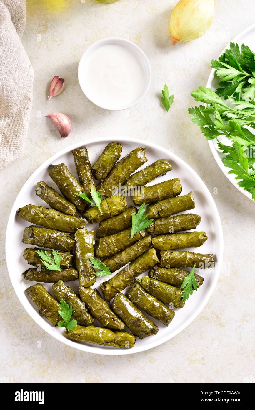 Dolma, stuffed grape leaves with rice and meat on light stone ...