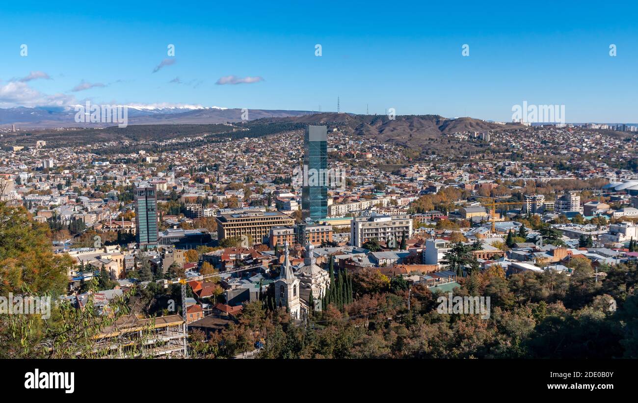 Panorama view of Tbilisi. Modern landmark - high-rise hotel, Georgia ...