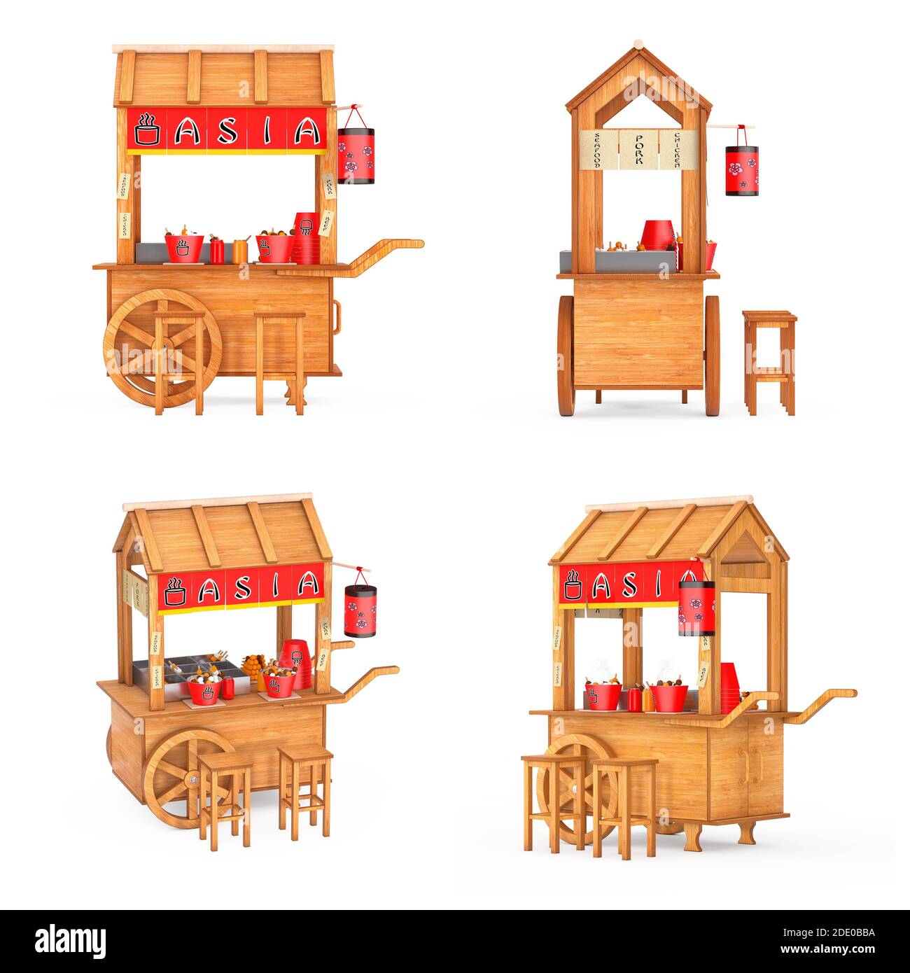 Asian Wooden Street Food Meatball Noodle Cart with Chairs on a white ...