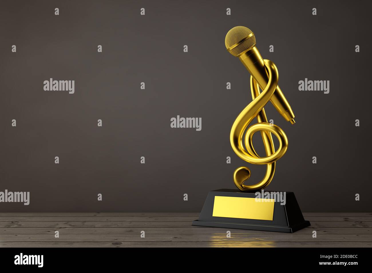 Golden Music Treble Clef with Microphone Award Trophy on a wooden table ...