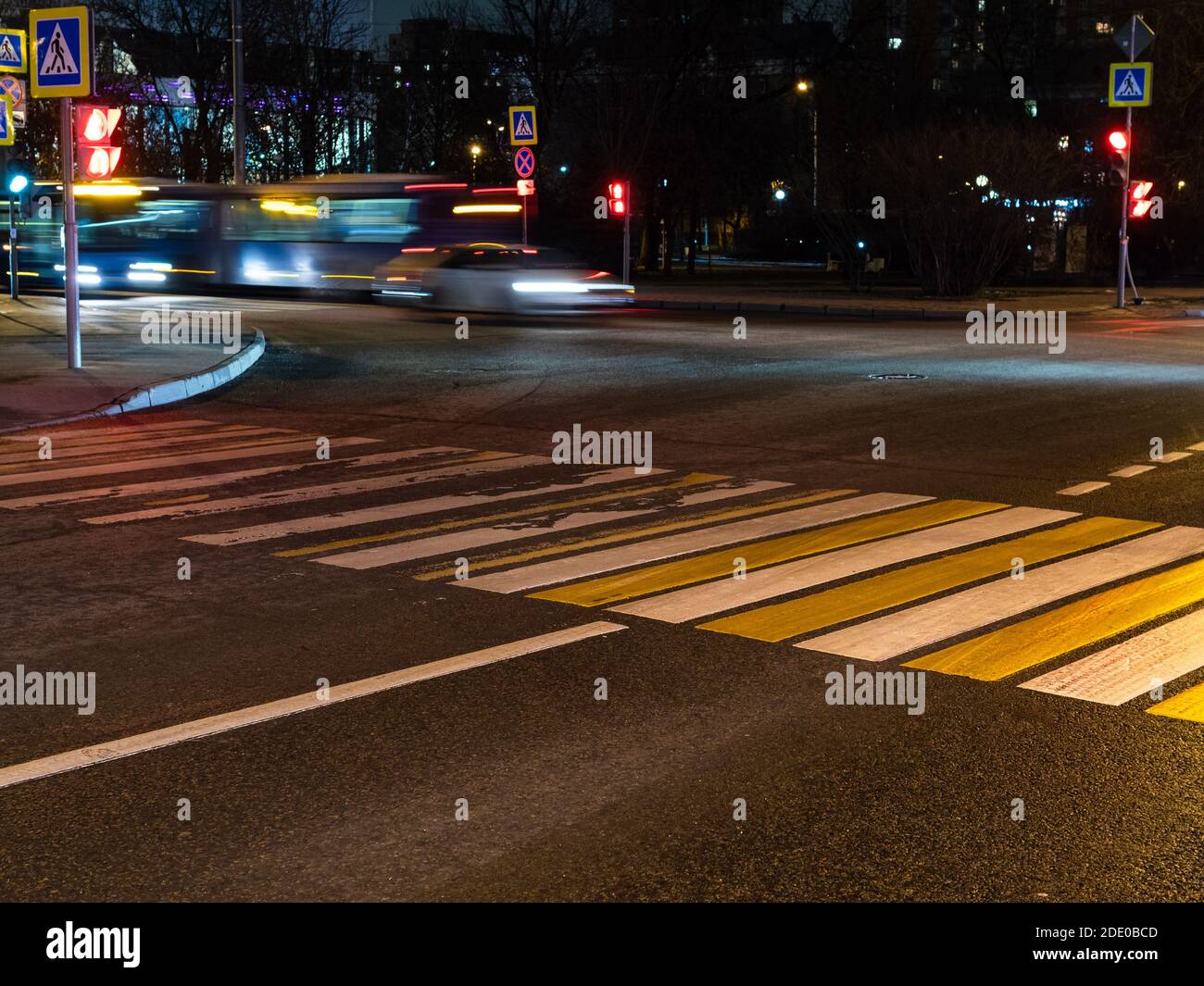 view of street pedestrian crossing in Moscow city in autumn night Stock ...