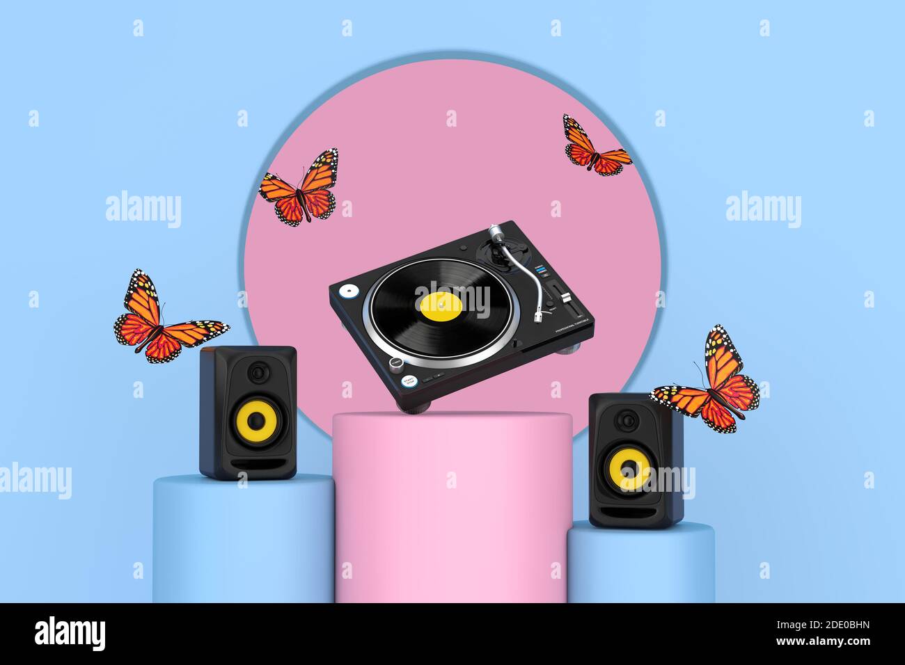 Flying Butterfly Between Audio Studio Acoustic Speakers, Professional ...
