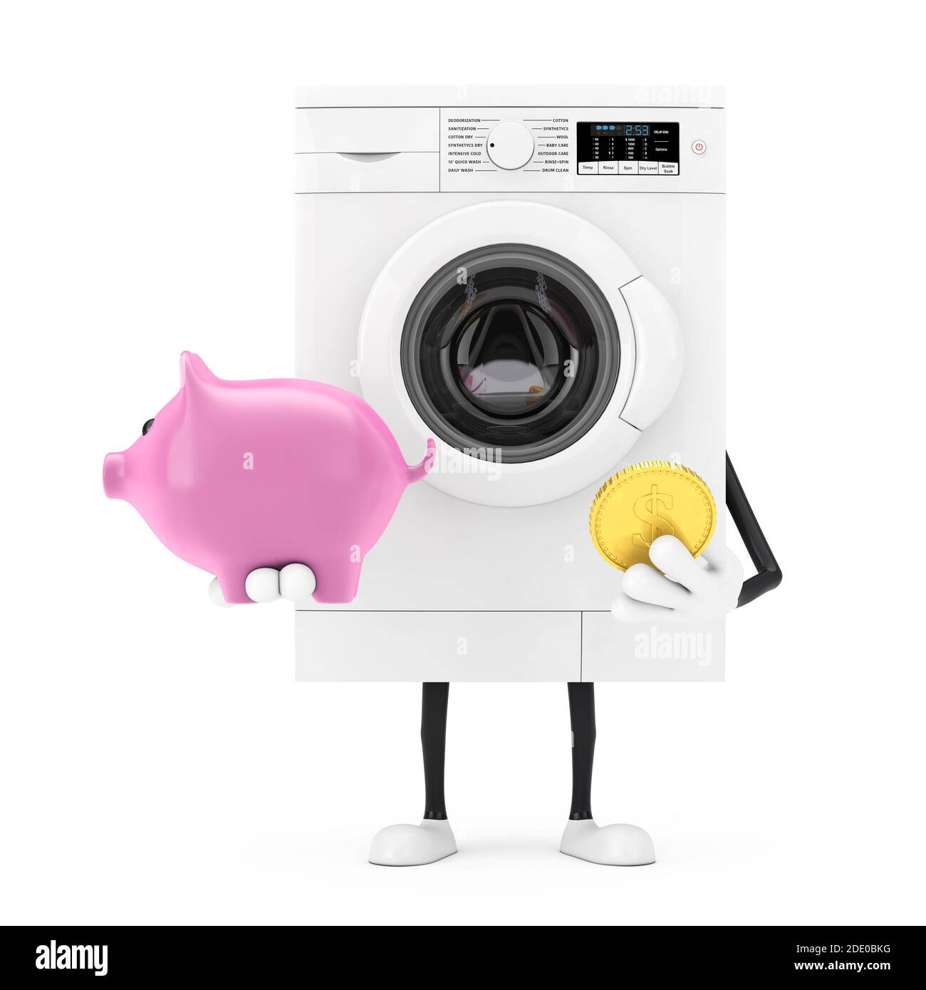 Modern White Washing Machine Character Mascot with Piggy Bank and ...