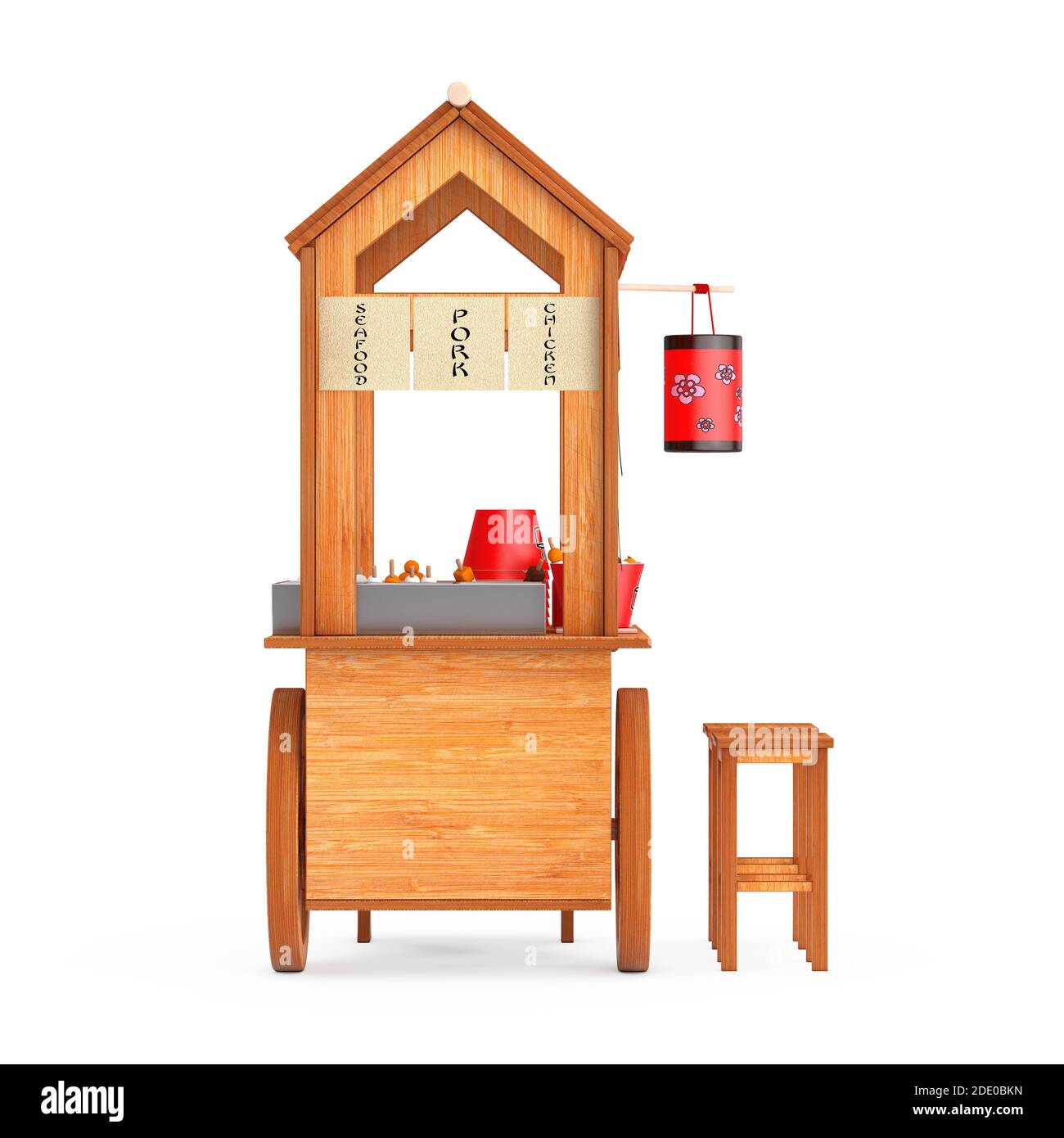 Asian Wooden Street Food Meatball Noodle Cart with Chairs on a white ...