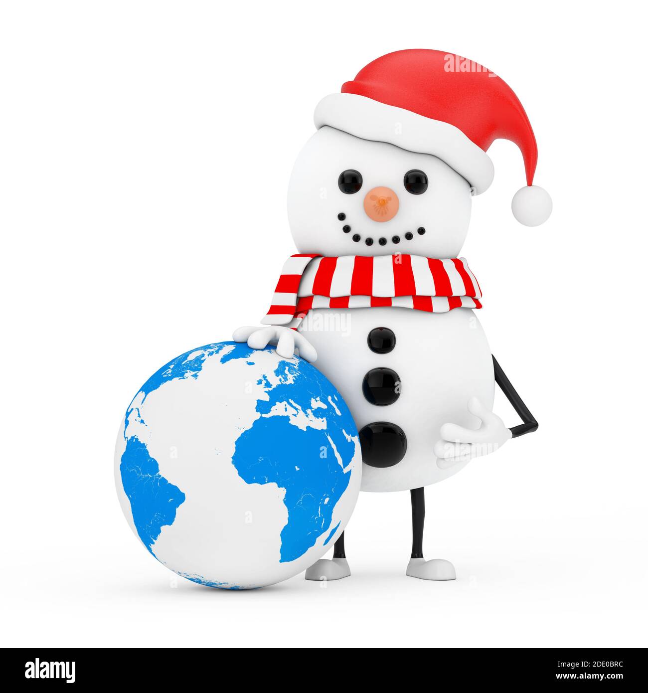 Snowman in Santa Claus Hat Character Mascot with Earth Worldwide Globe ...