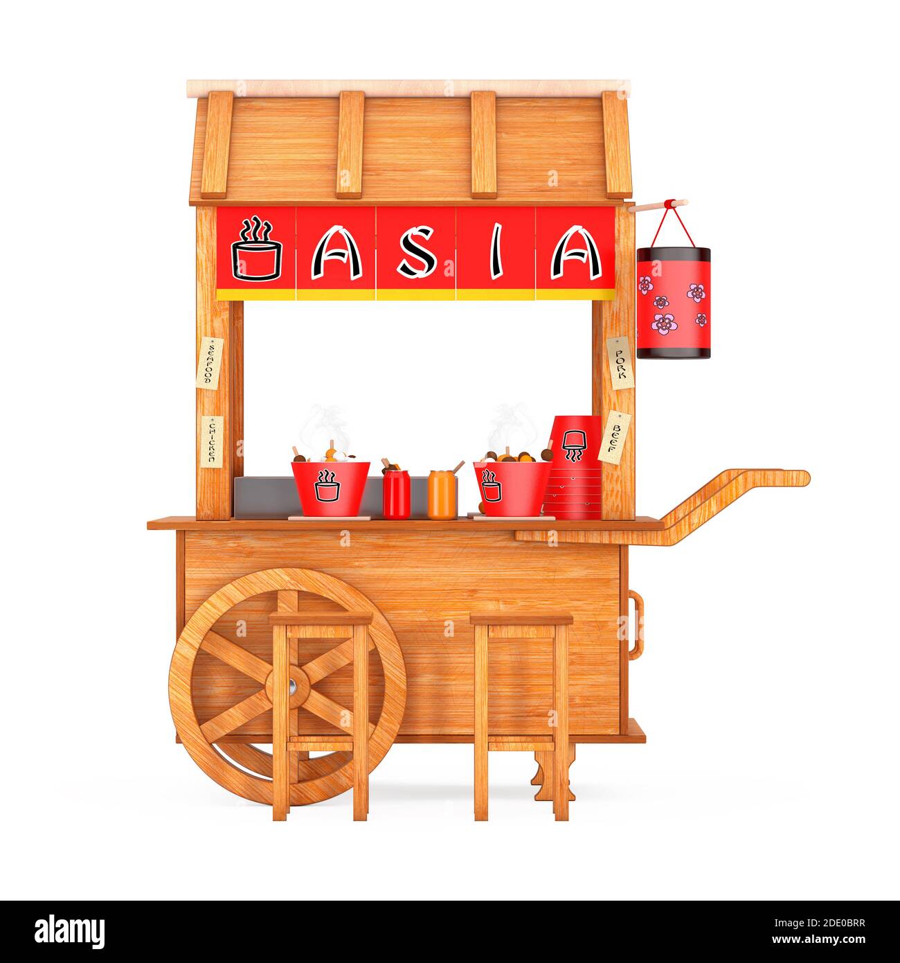 Asian Wooden Street Food Meatball Noodle Cart with Chairs on a white ...