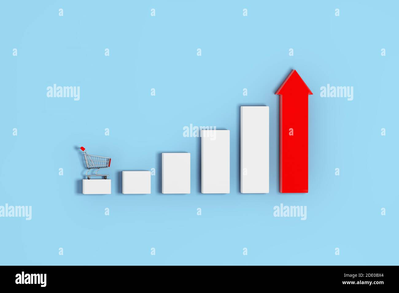 Growing Bars and Red Arrow Chart Graph Diagram with Shopping Cart on a ...