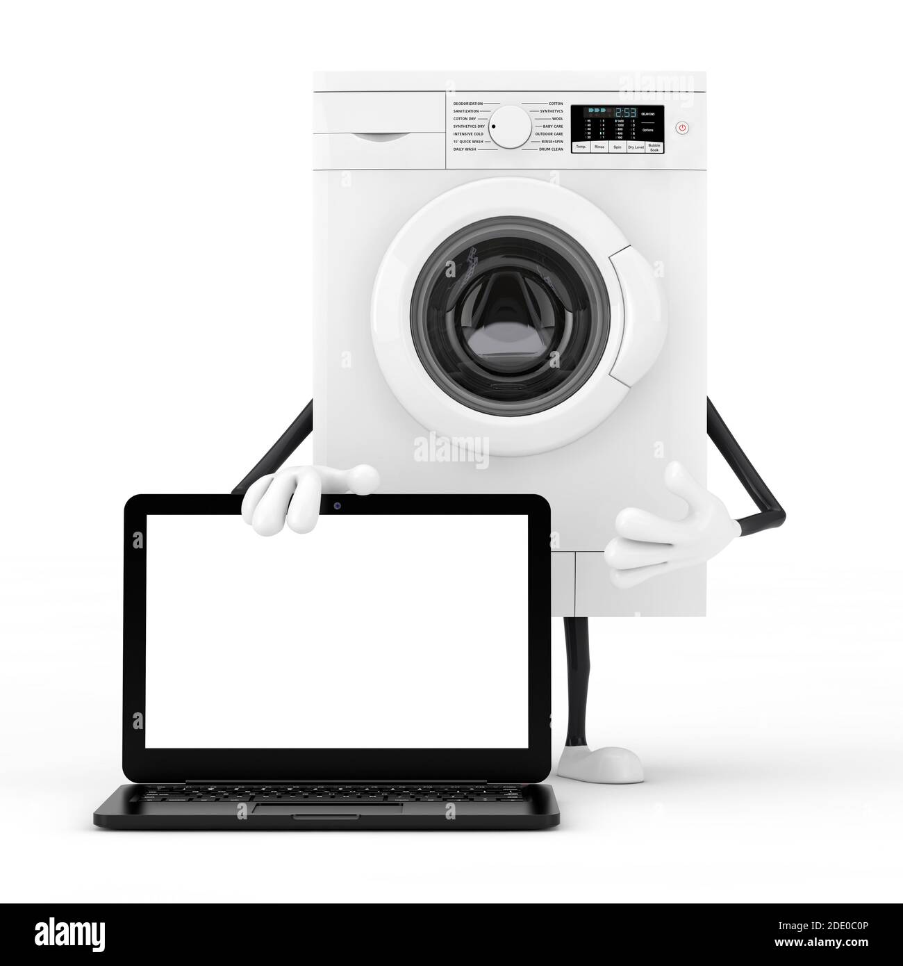Modern White Washing Machine Character Mascot with Modern Laptop ...
