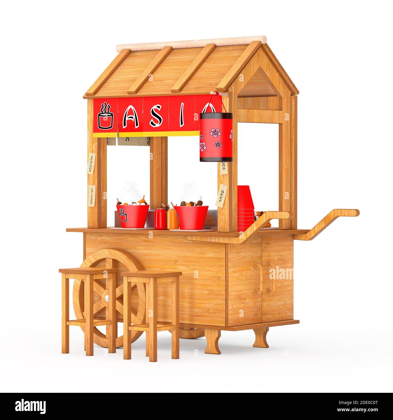 Asian Wooden Street Food Meatball Noodle Cart with Chairs on a white ...