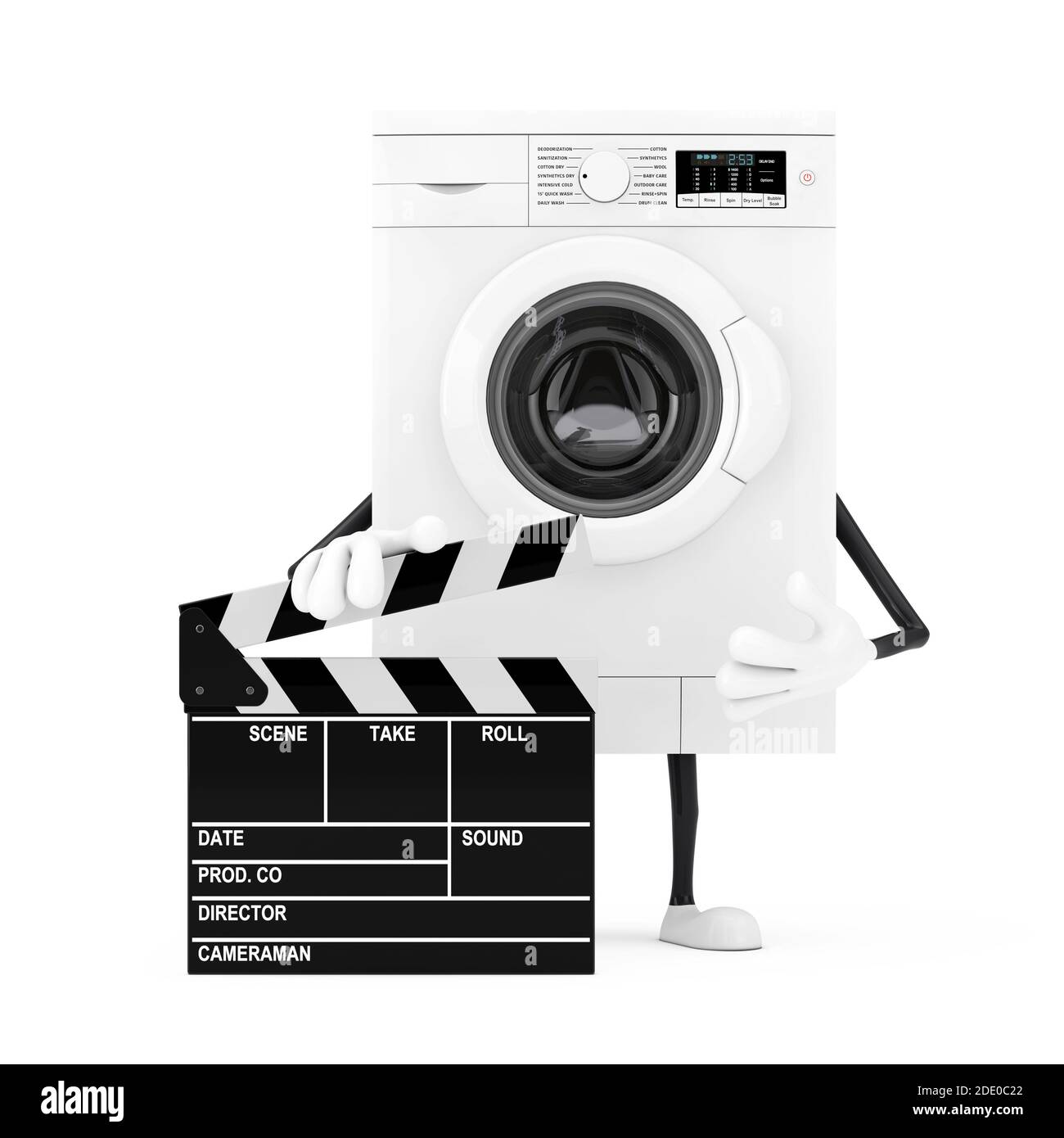 Modern White Washing Machine Character Mascot with Movie Clapper Board ...
