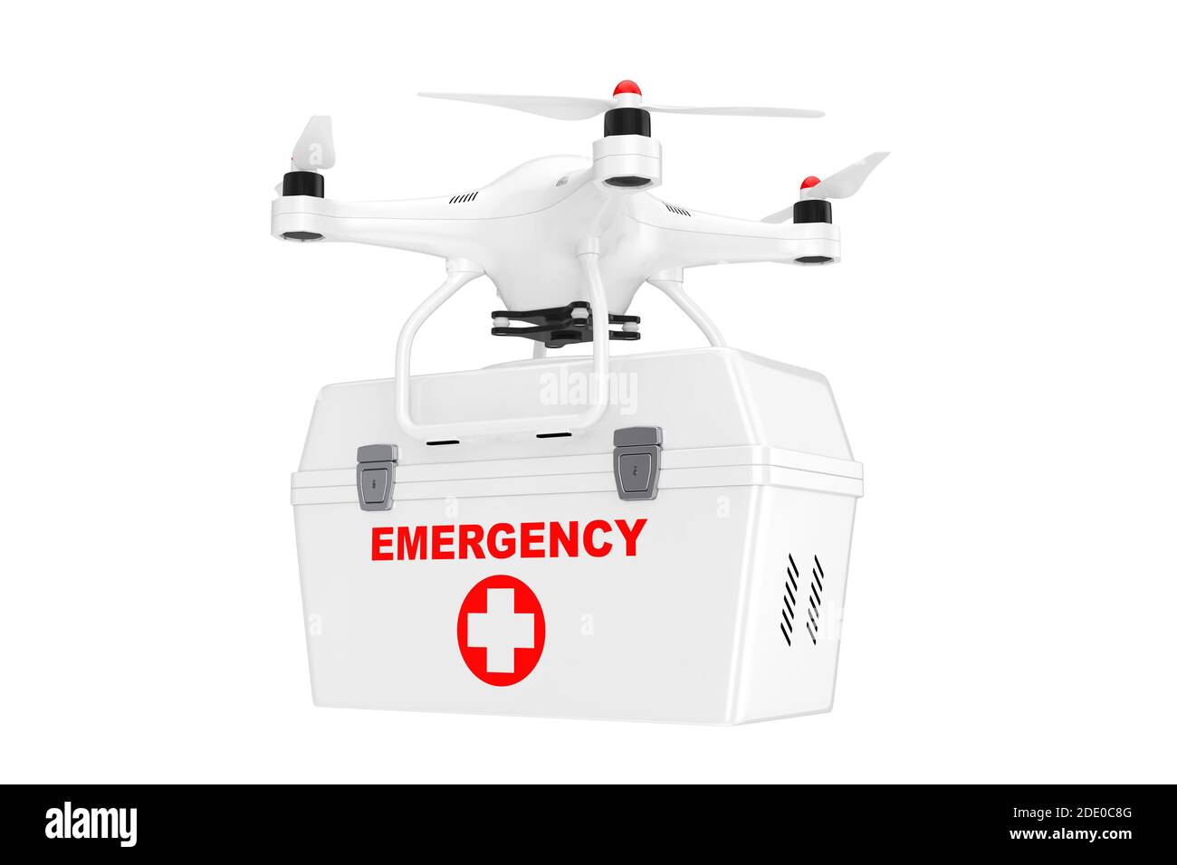 White Quadrocopter Drone with Emergency Medical Kit on a white ...