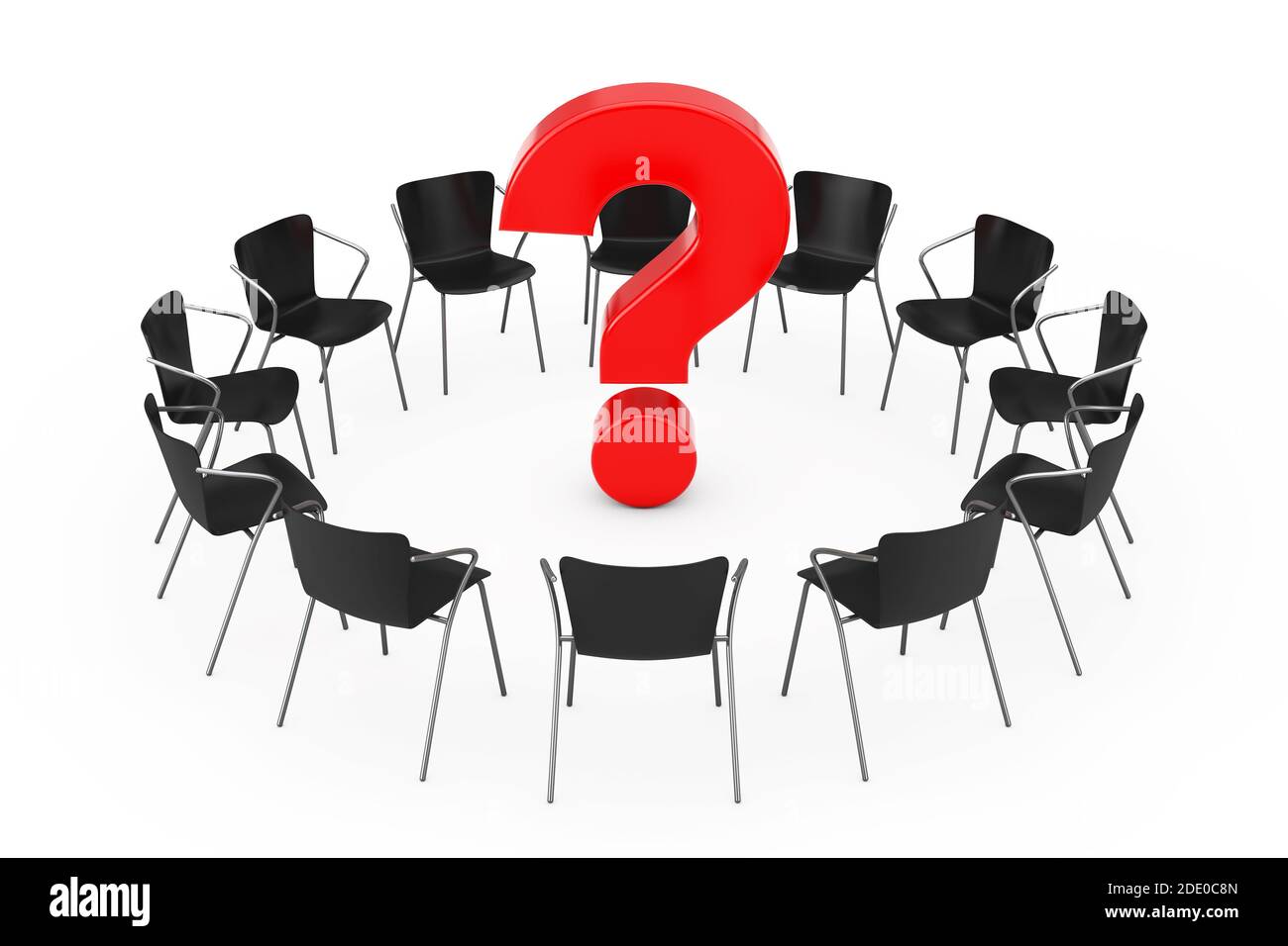 Black Office Chairs Around Red Question Mark on a white background. 3d ...