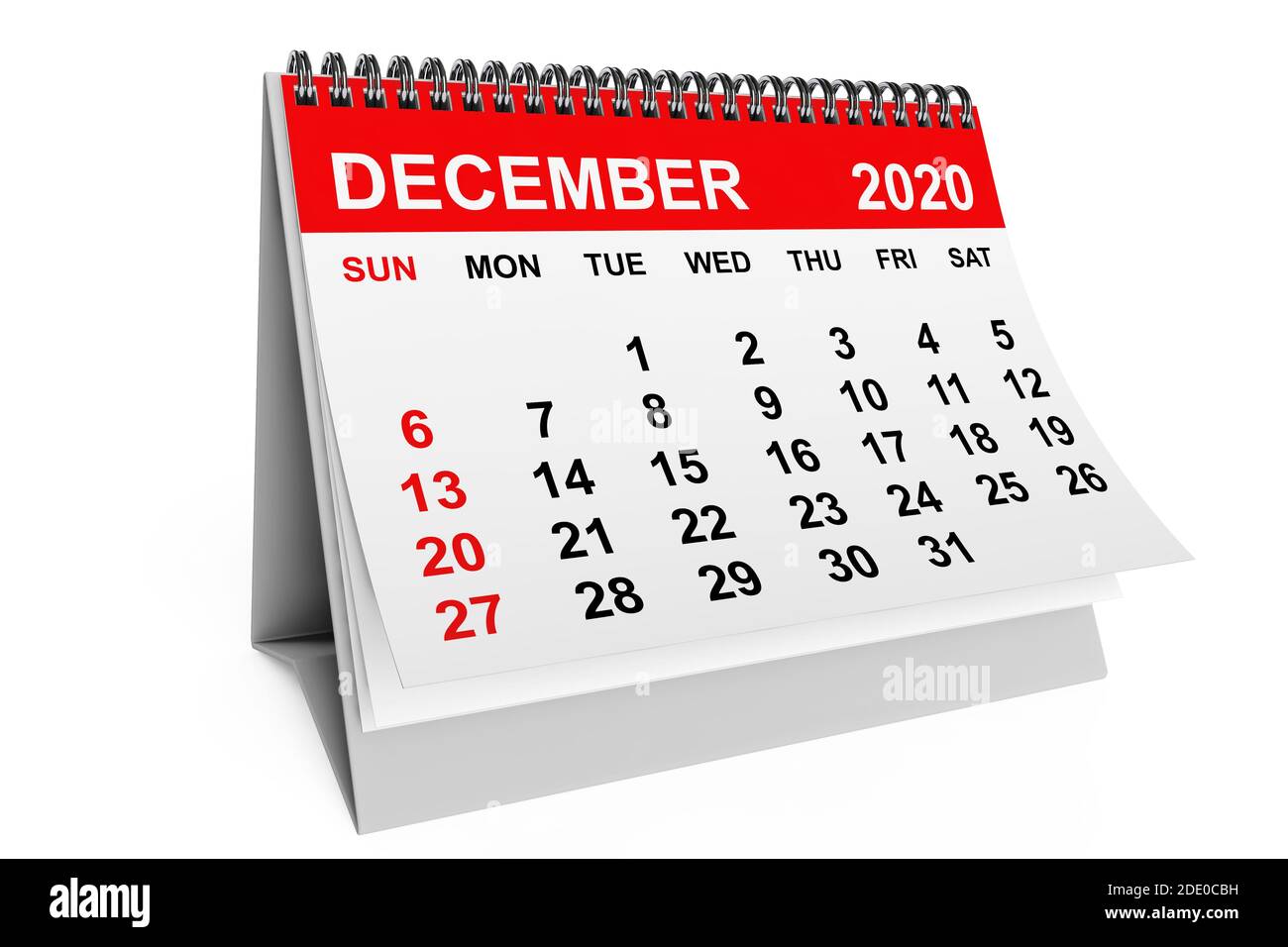 2020 Year December Calendar on a white background. 3d rendering Stock ...