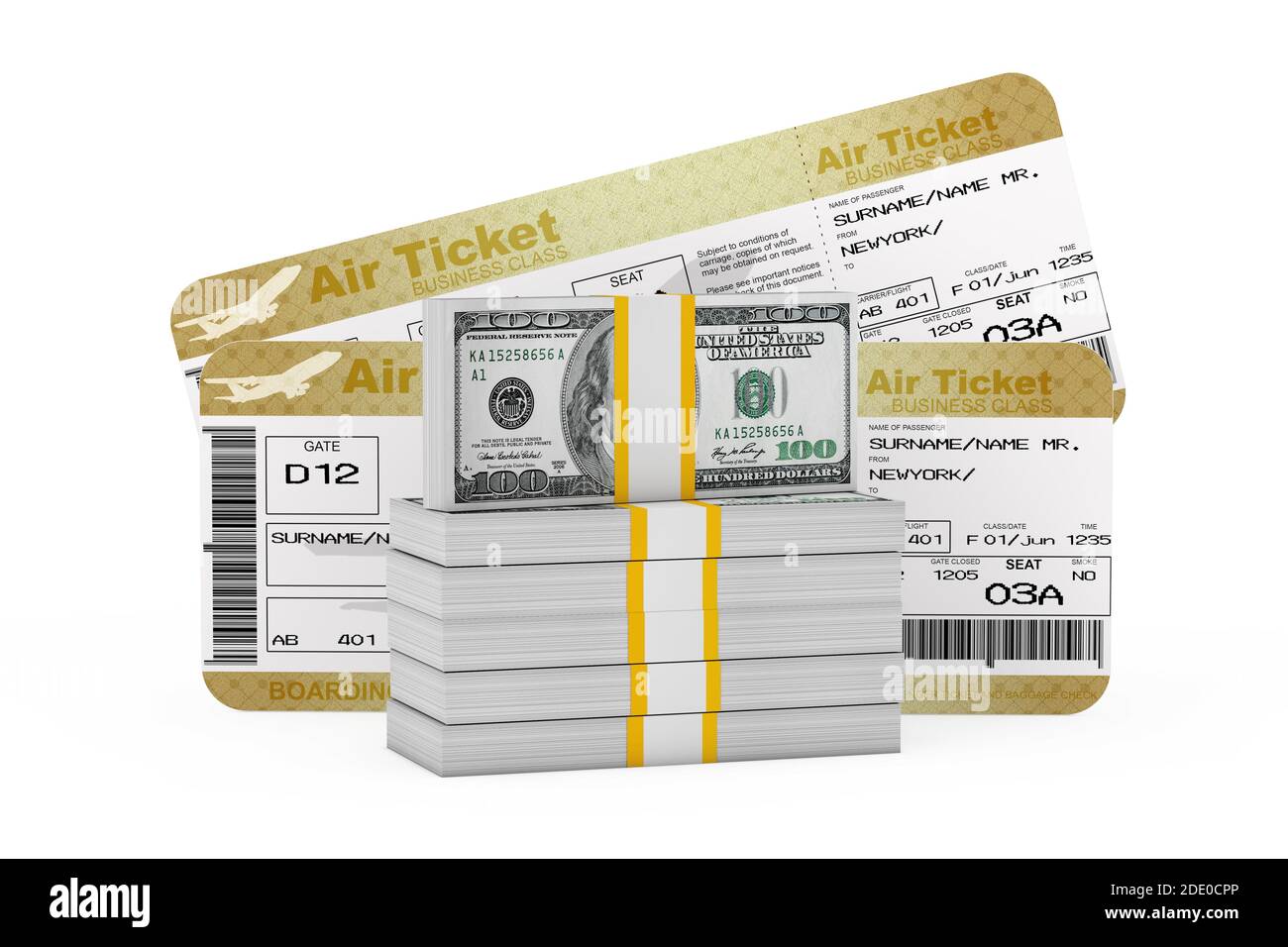 Stack of Dollar Bills in front of Two Golden Business or First Class ...