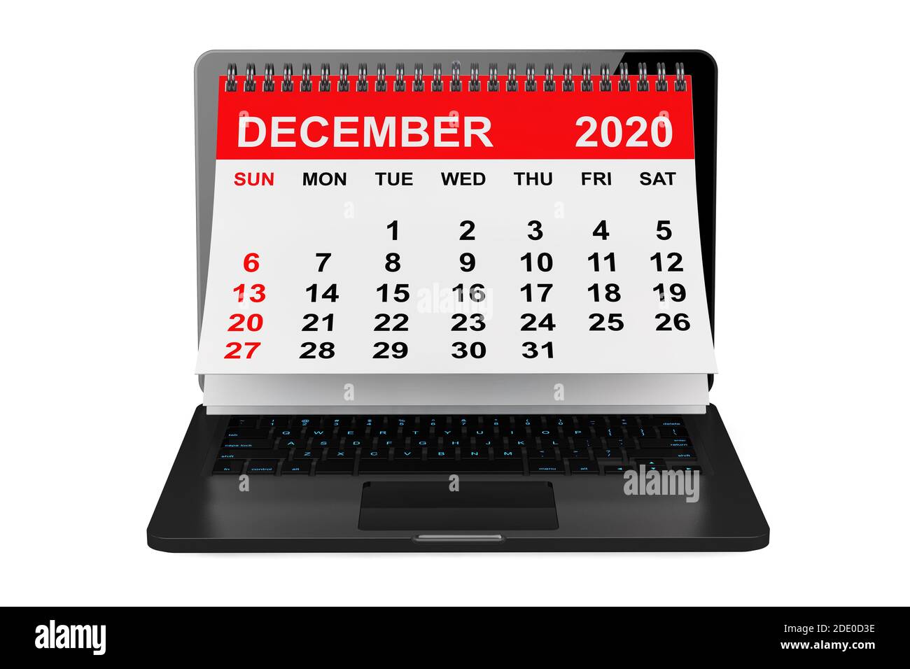 2020 year calendar. December calendar over laptop screen on a white ...